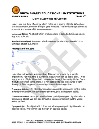 Chapter 9-Light Shadow and Reflection | PDF