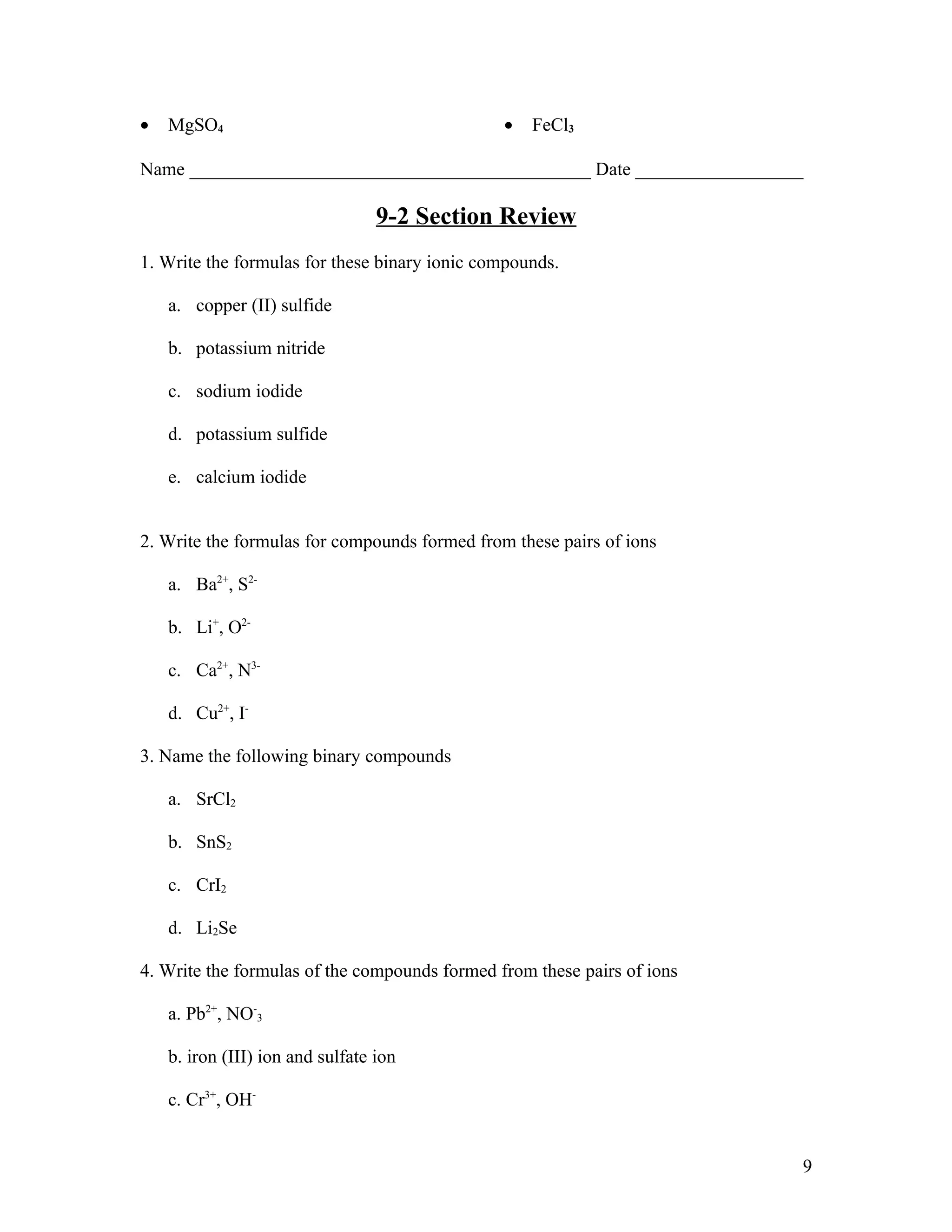 Chemistry - Chp 9 - Chemical Names and Formulas - Notes | PDF