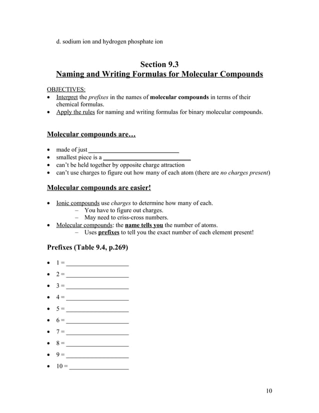 Chemistry - Chp 9 - Chemical Names and Formulas - Notes | PDF
