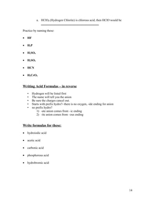 Chemistry - Chp 9 - Chemical Names and Formulas - Notes | PDF