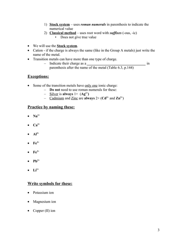 Chemistry - Chp 9 - Chemical Names and Formulas - Notes | PDF