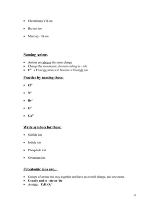 Chemistry - Chp 9 - Chemical Names and Formulas - Notes | PDF