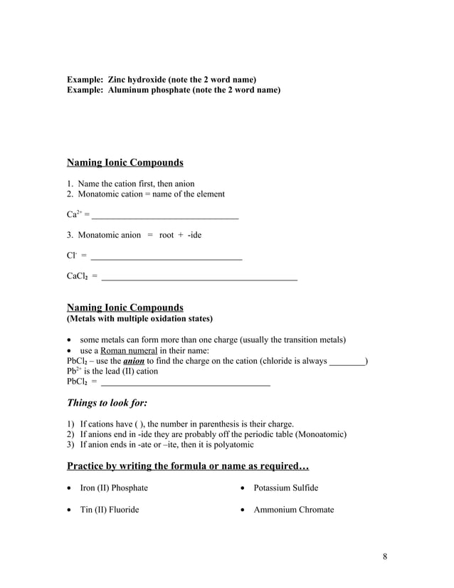 Chemistry - Chp 9 - Chemical Names and Formulas - Notes | PDF