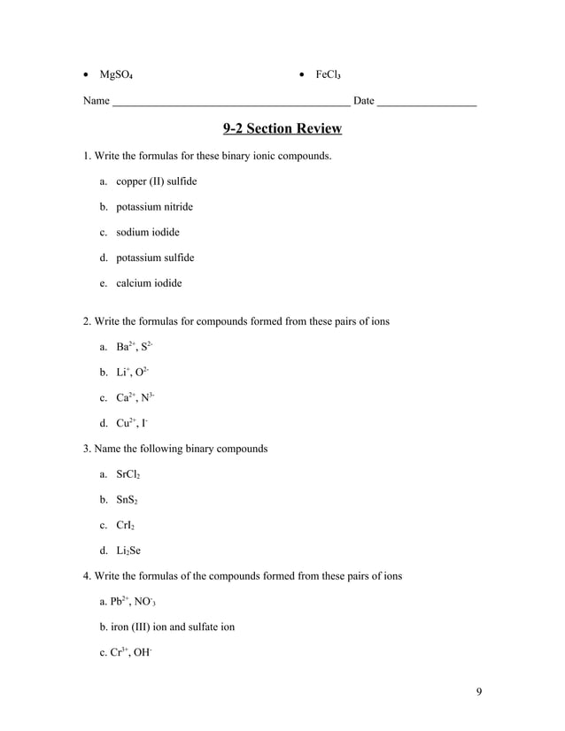 Chemistry - Chp 9 - Chemical Names and Formulas - Notes | PDF
