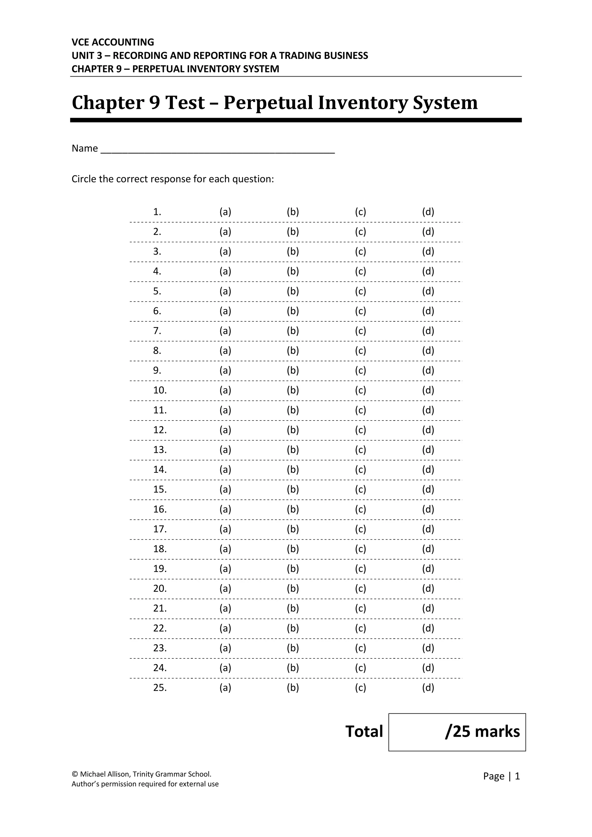 Chapter 9 Perpetual Inventory System – Test | PDF