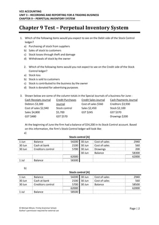 Chapter 9 Perpetual Inventory System – Test | PDF