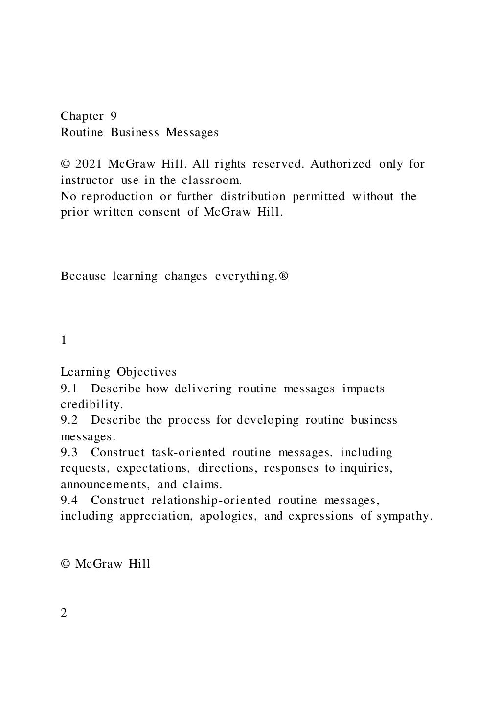 Chapter 9Routine Business Messages© 2021 McGraw Hill. All | DOCX