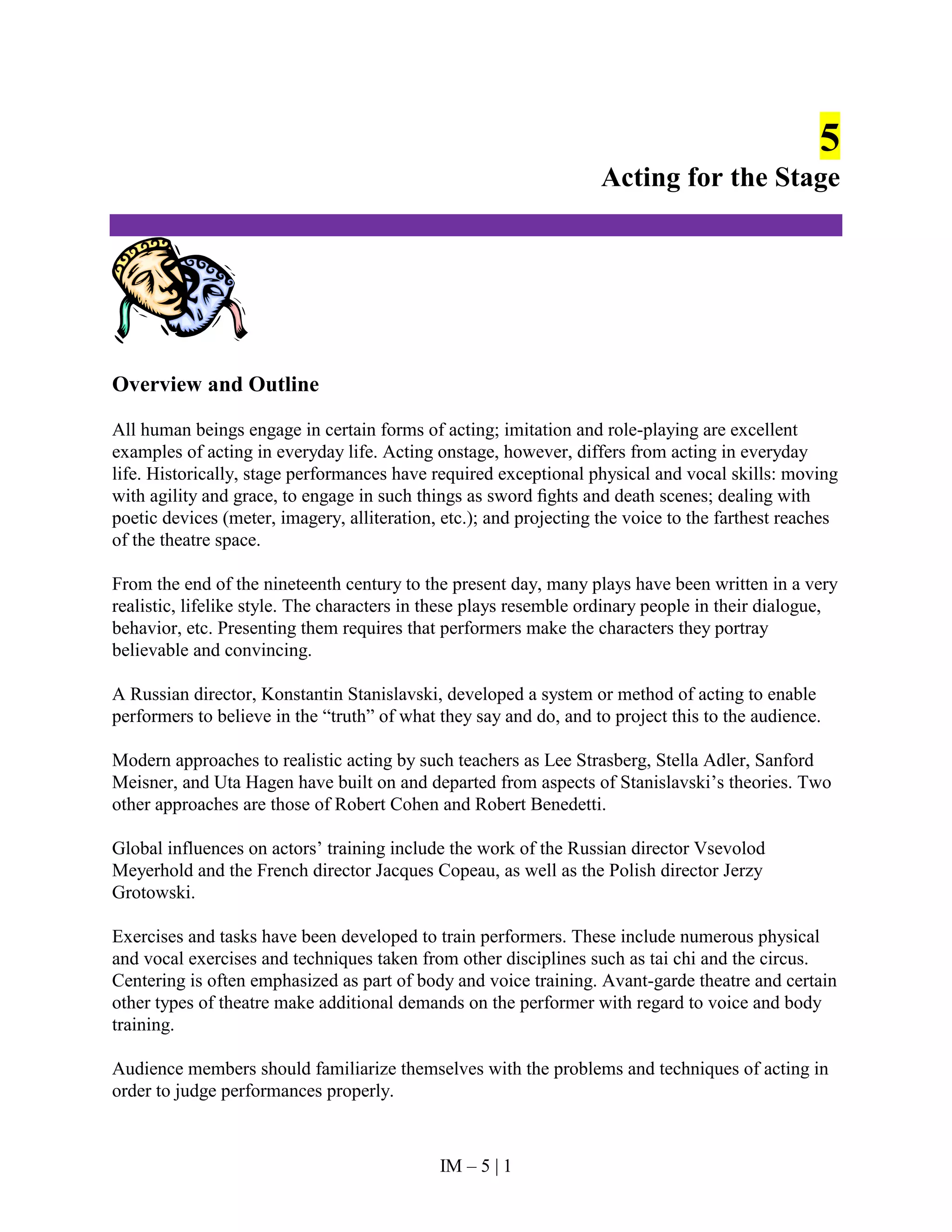 Chapter five acting for the stage outline | PDF