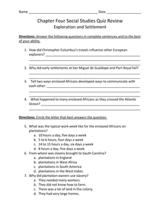 Chapter Four Social Studies Quiz Review | PDF