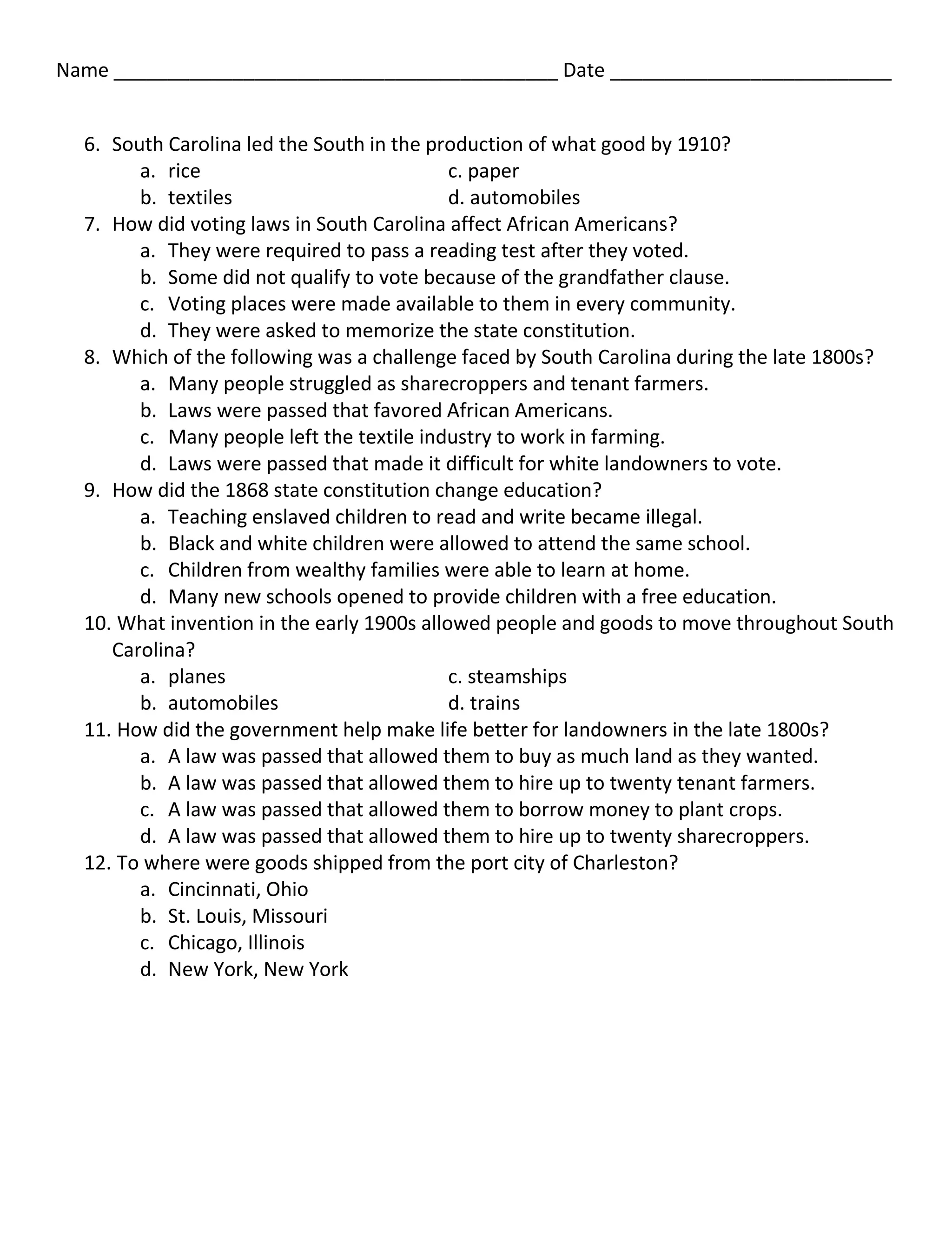 Chapter Nine Social Studies Quiz Review | DOCX