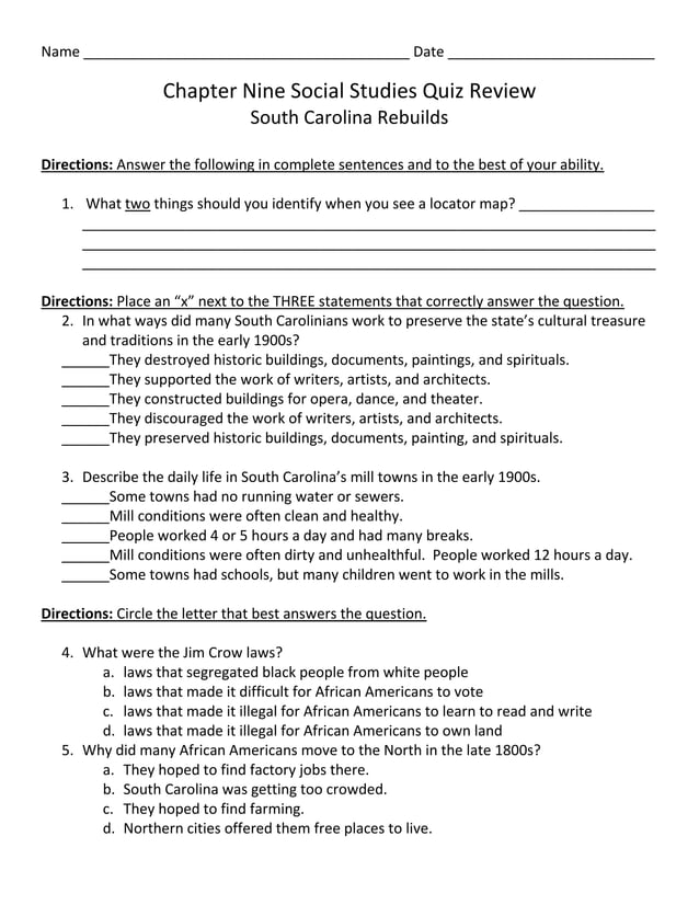 Chapter Nine Social Studies Quiz Review | DOCX