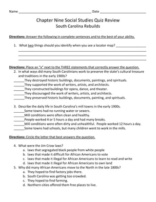 Chapter Nine Social Studies Quiz Review | PDF