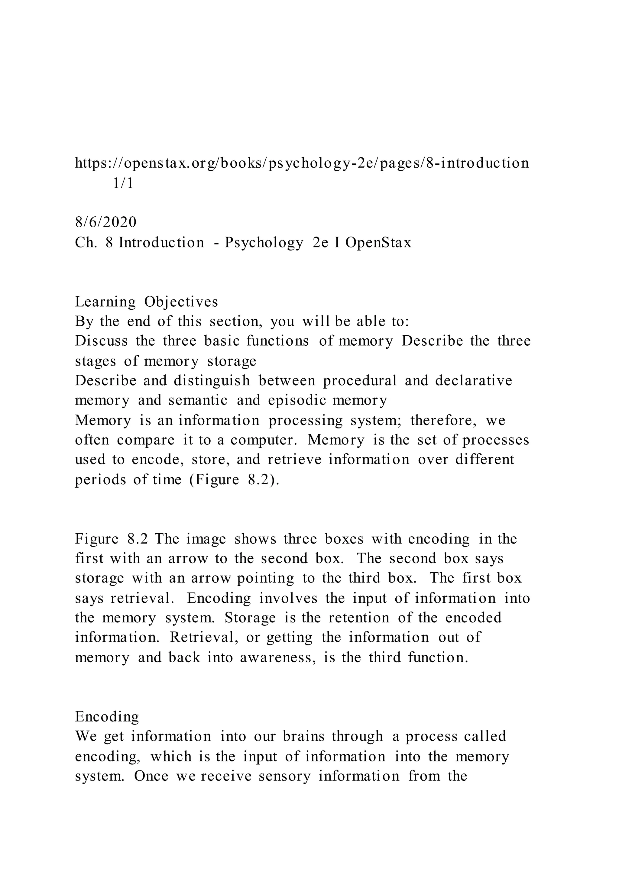 Chapter Outline8.1 How Memory Functions8.2 Parts of the Brain | DOCX