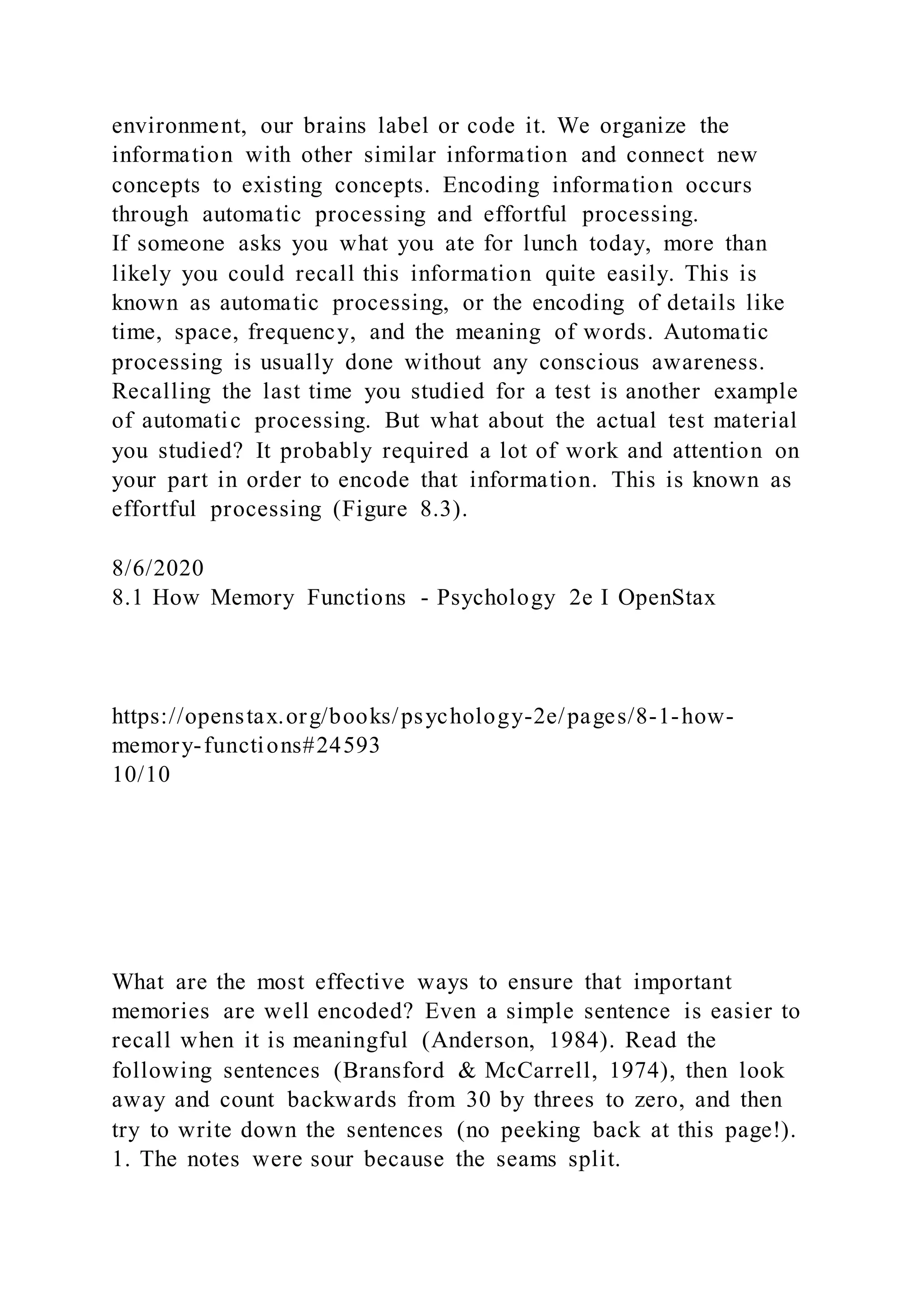 Chapter Outline8.1 How Memory Functions8.2 Parts of the Brain | DOCX