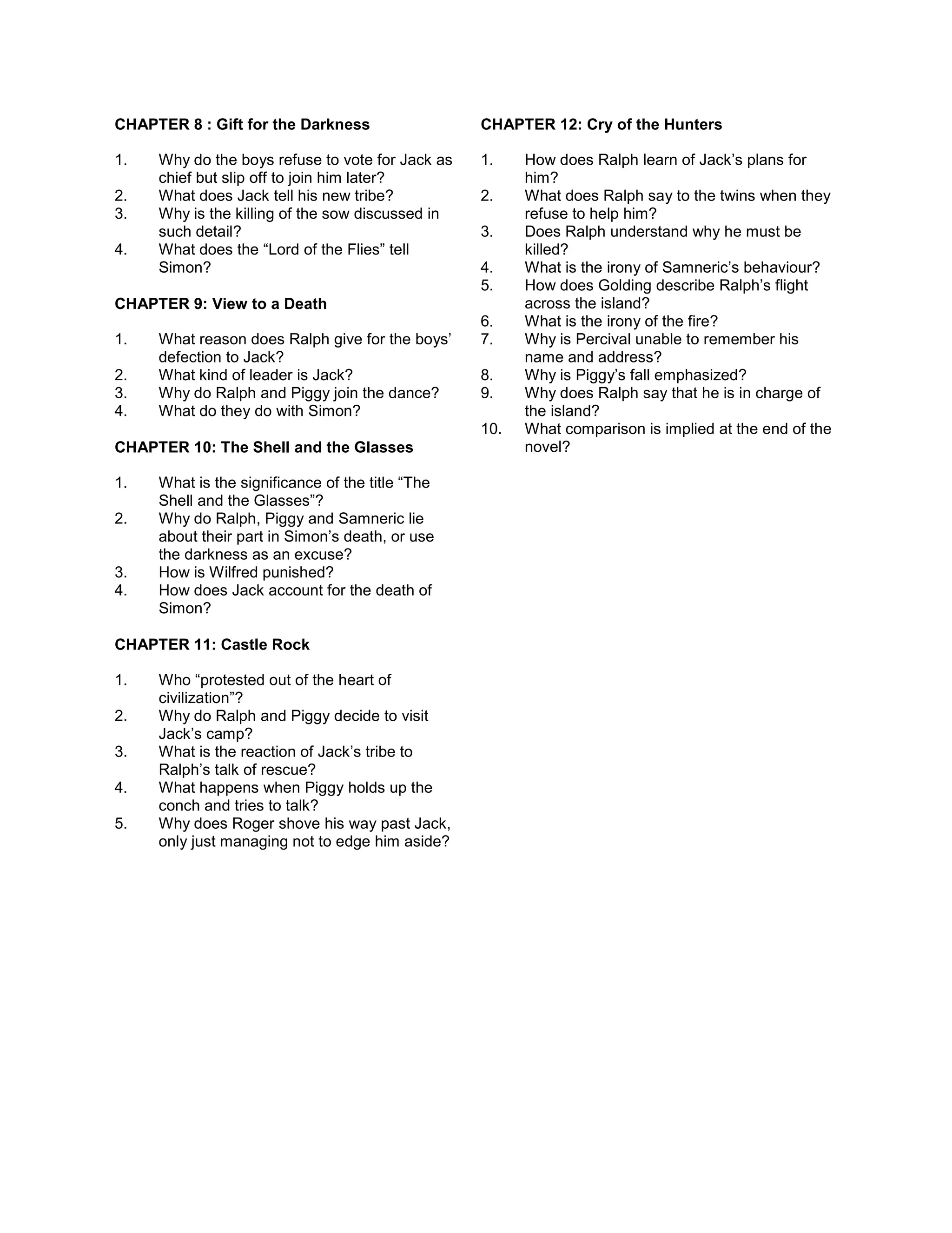 Chapter questions lord of the flies | PDF