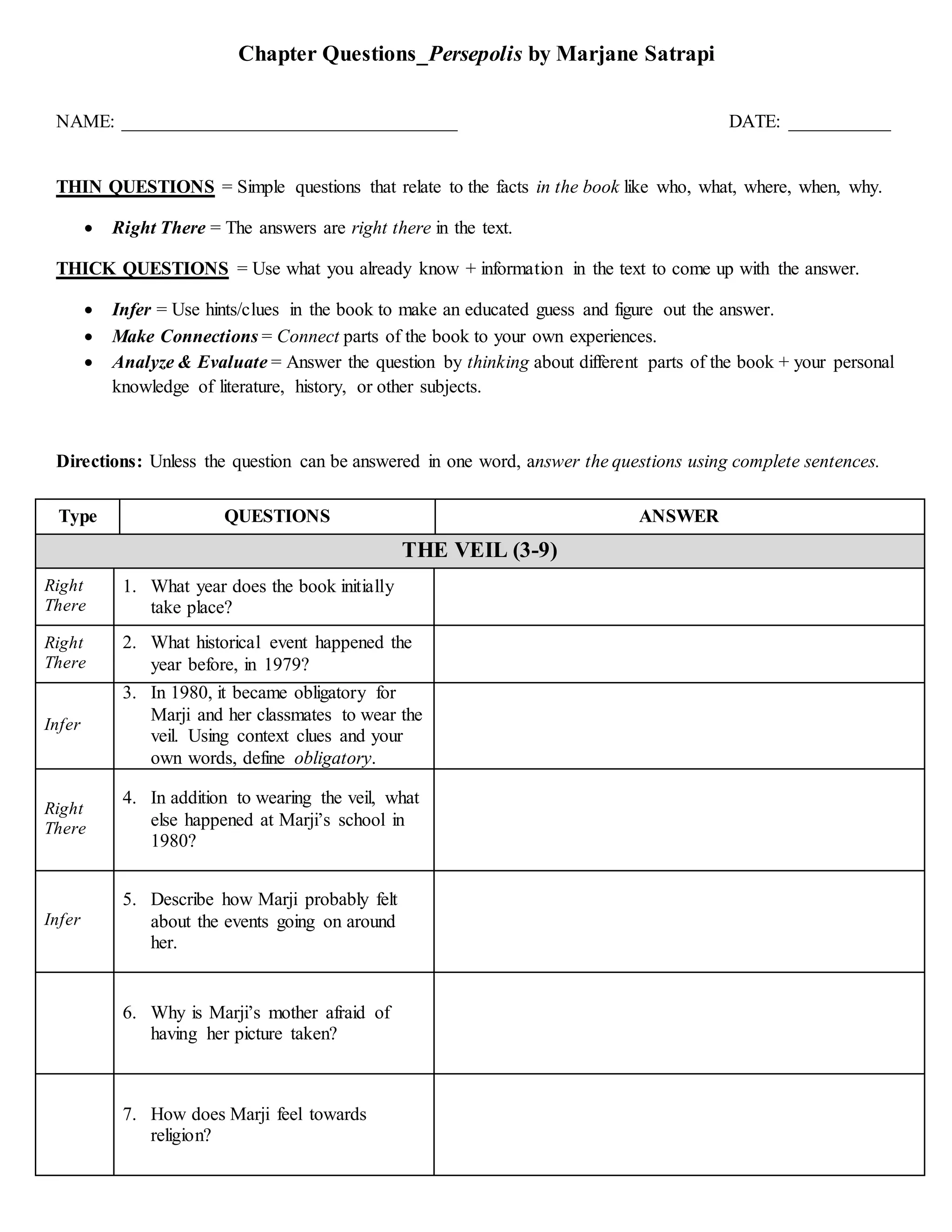 Chapter Questions Persepolis | DOCX