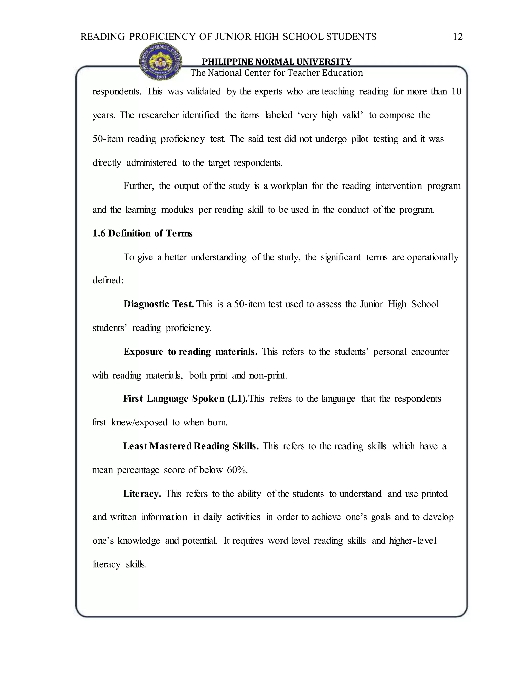 READING PROFICIENCY OF THE JUNIOR HIGH SCHOOL STUDENTS: TOWARDS AN ...