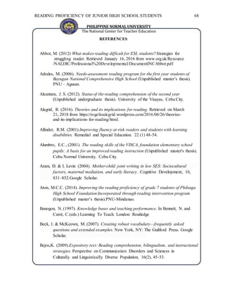 READING PROFICIENCY OF THE JUNIOR HIGH SCHOOL STUDENTS: TOWARDS AN ...