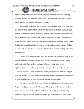 READING PROFICIENCY OF THE JUNIOR HIGH SCHOOL STUDENTS: TOWARDS AN INTERVENTION PROGRAM by ...