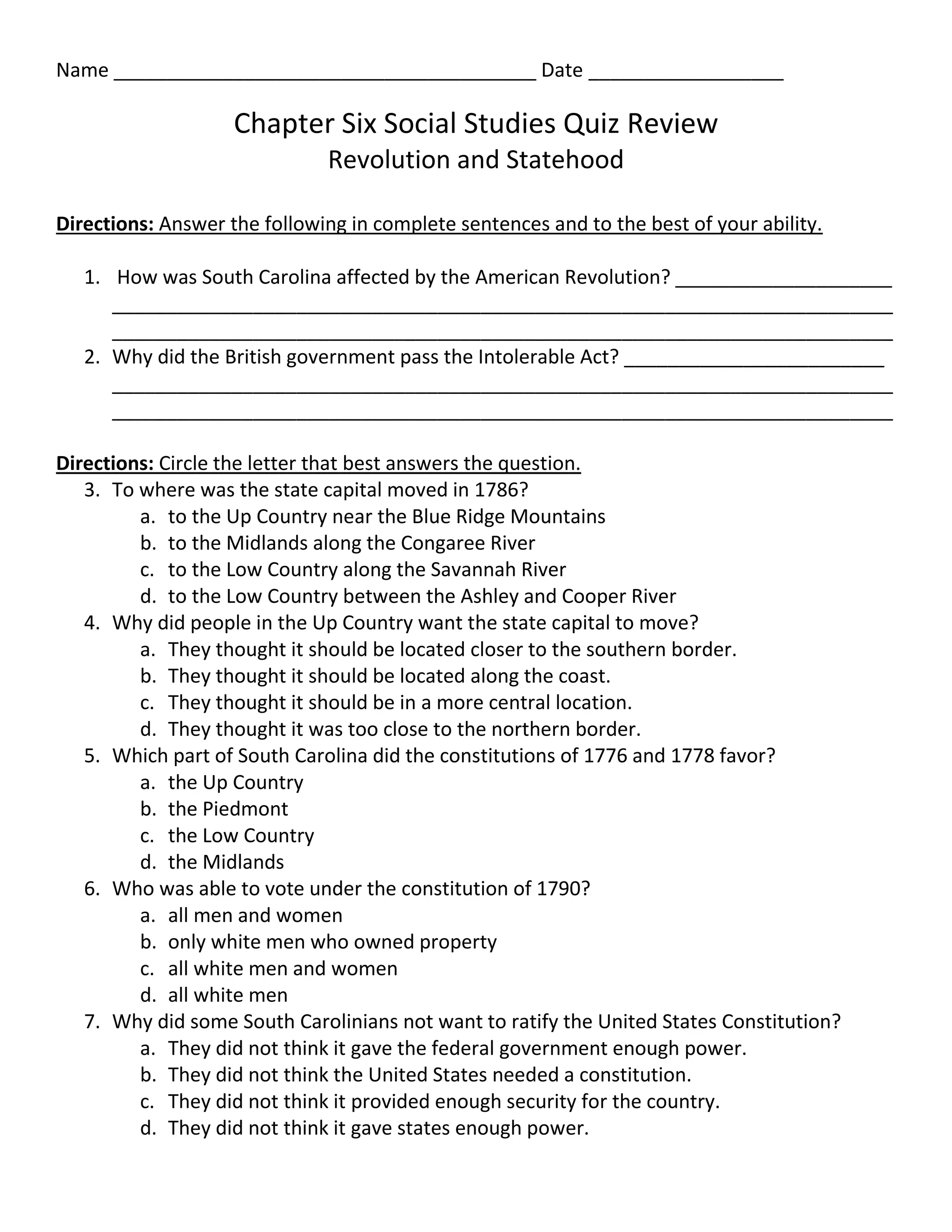 Chapter Six Social Studies Quiz Review | PDF