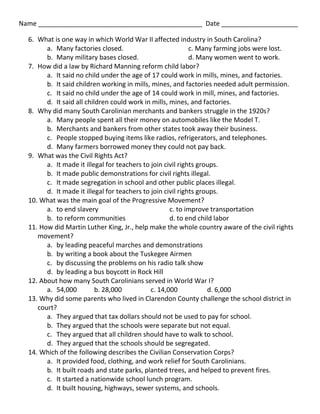 Chapter Ten Social Studies Quiz Review | DOCX