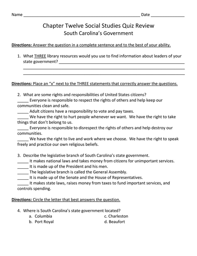 Chapter Twelve Social Studies Quiz Review | DOCX