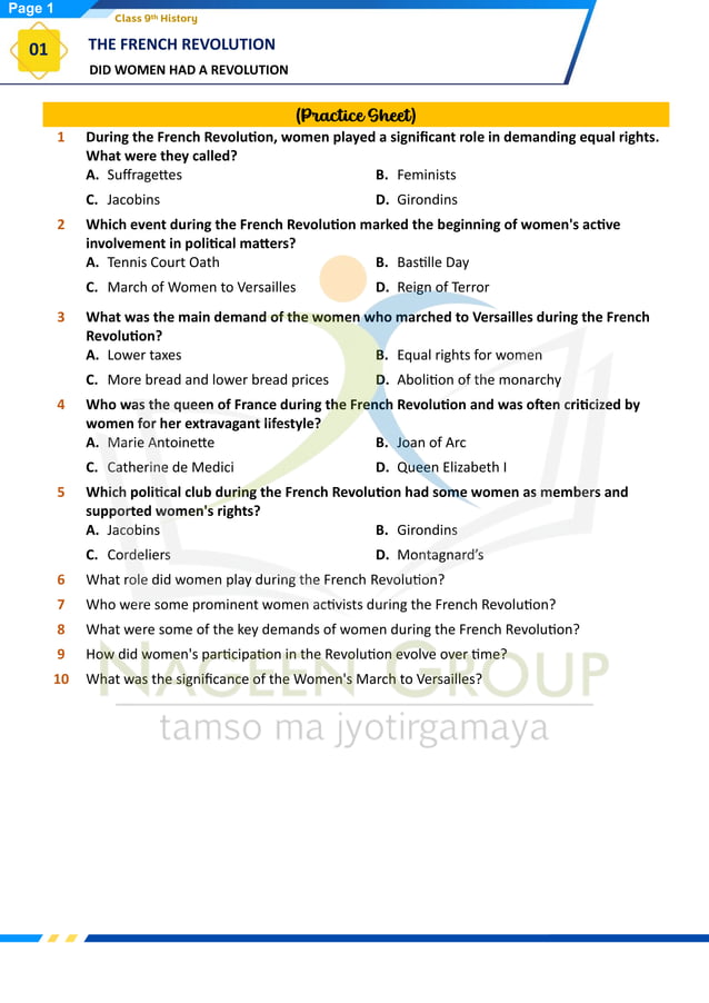 Class 9 History Chapter Wise Topic Wise Notes Chapter 1 The French ...