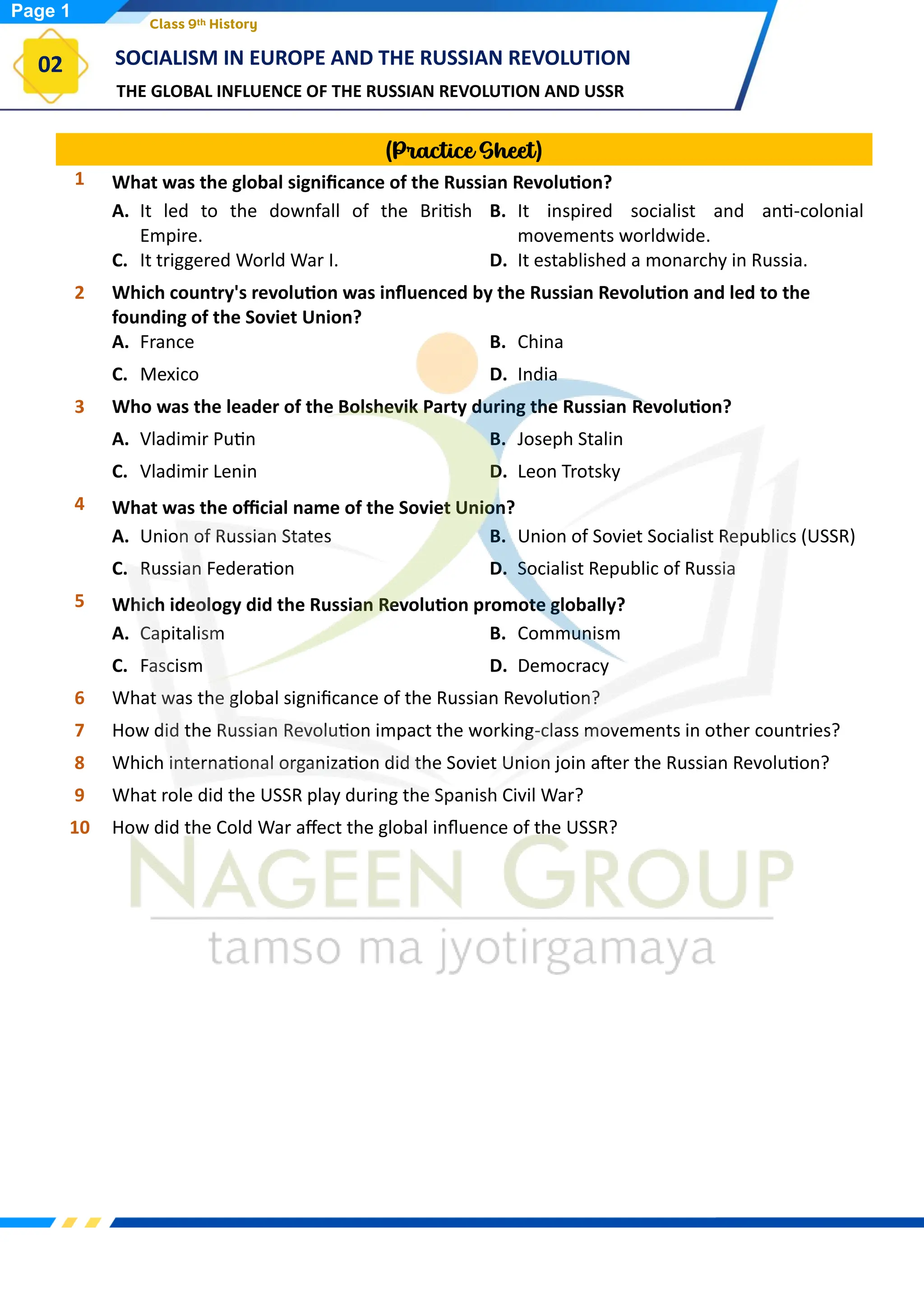 Class 9 History Chapter Wise Topic Wise Notes Chapter 2 Socialism in ...