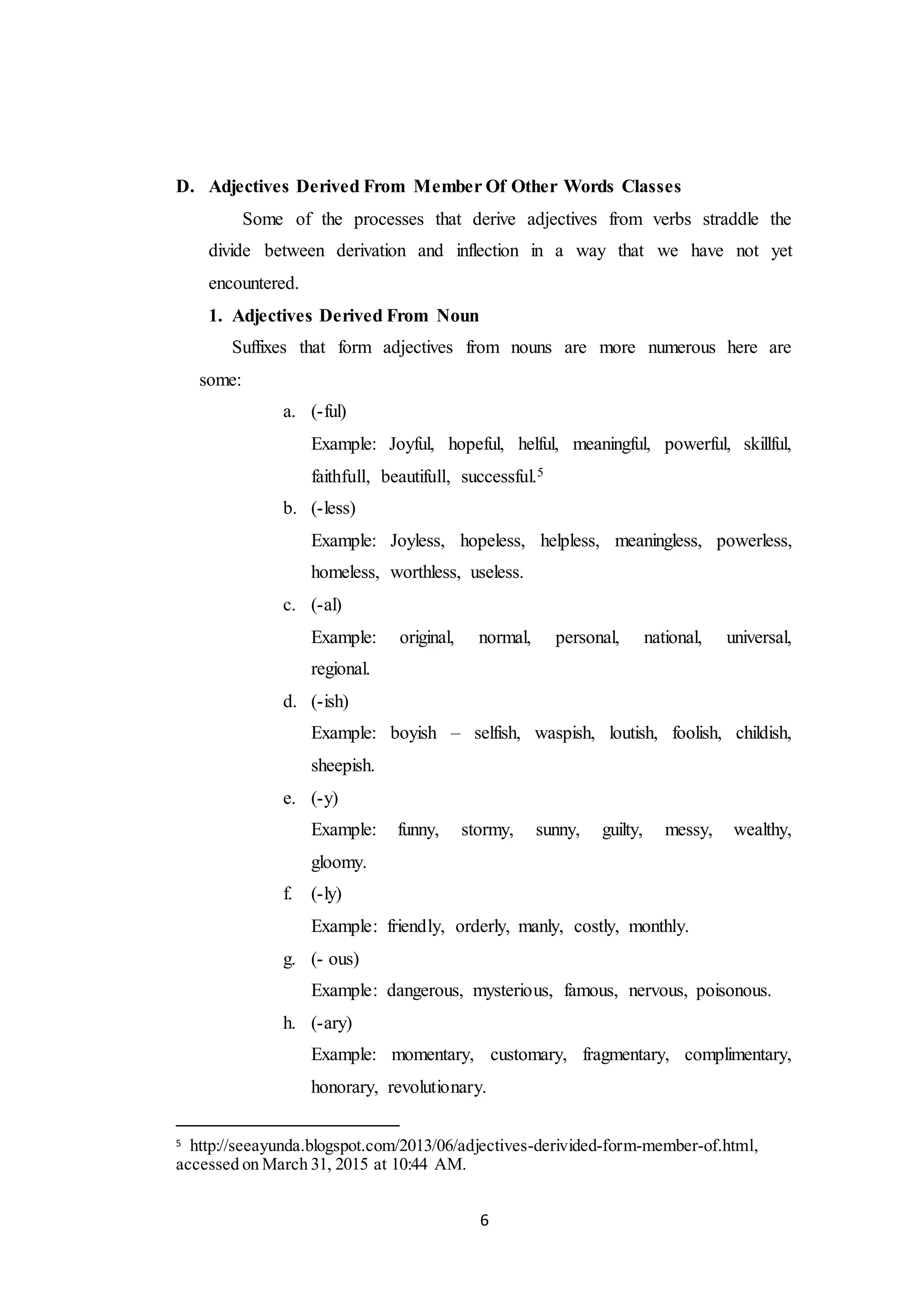 Morphology - Adjective derived from member of other word classes | DOCX