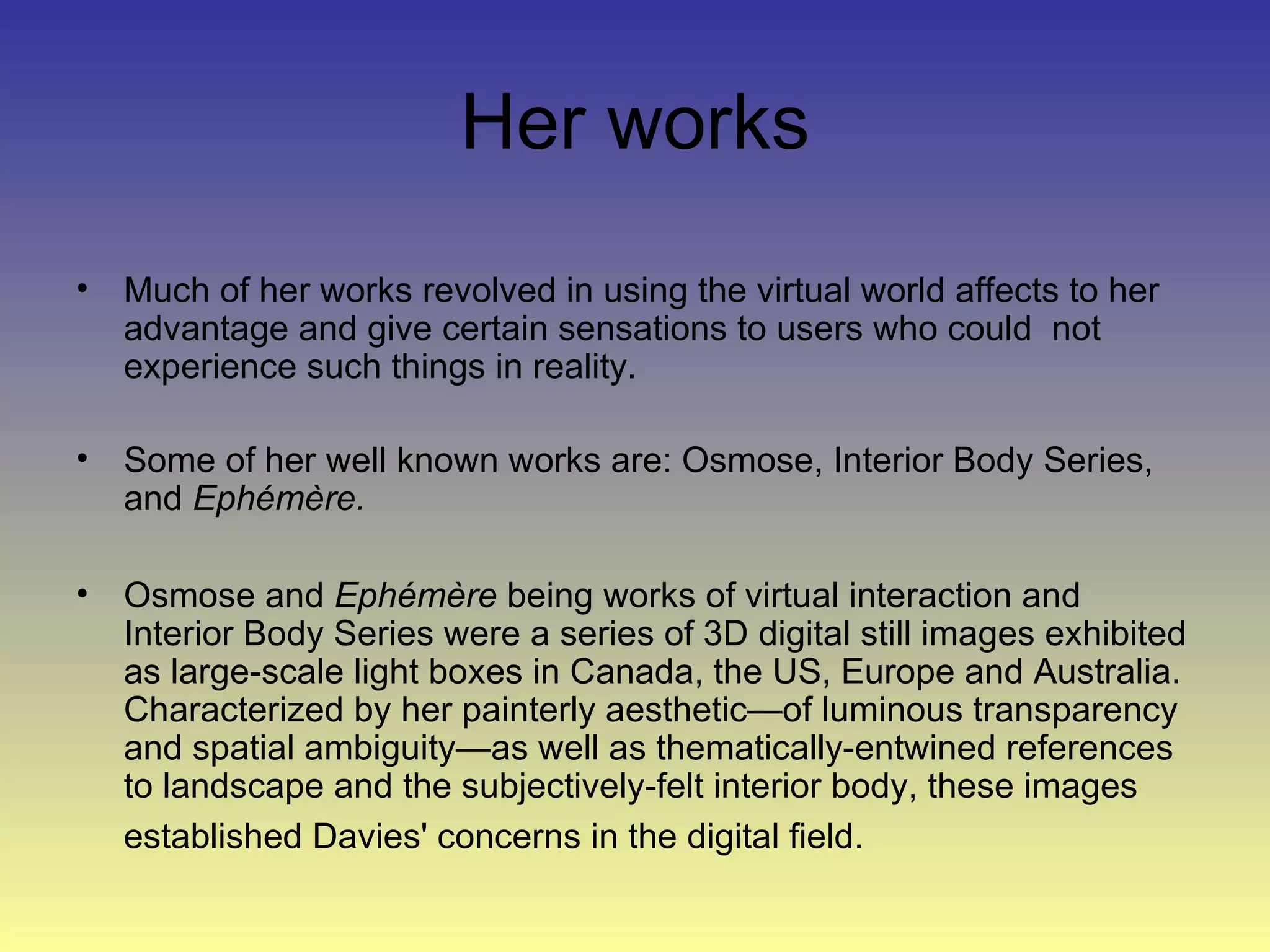 Char Davies | PPT | 3-D Graphics | Computer Software and Applications