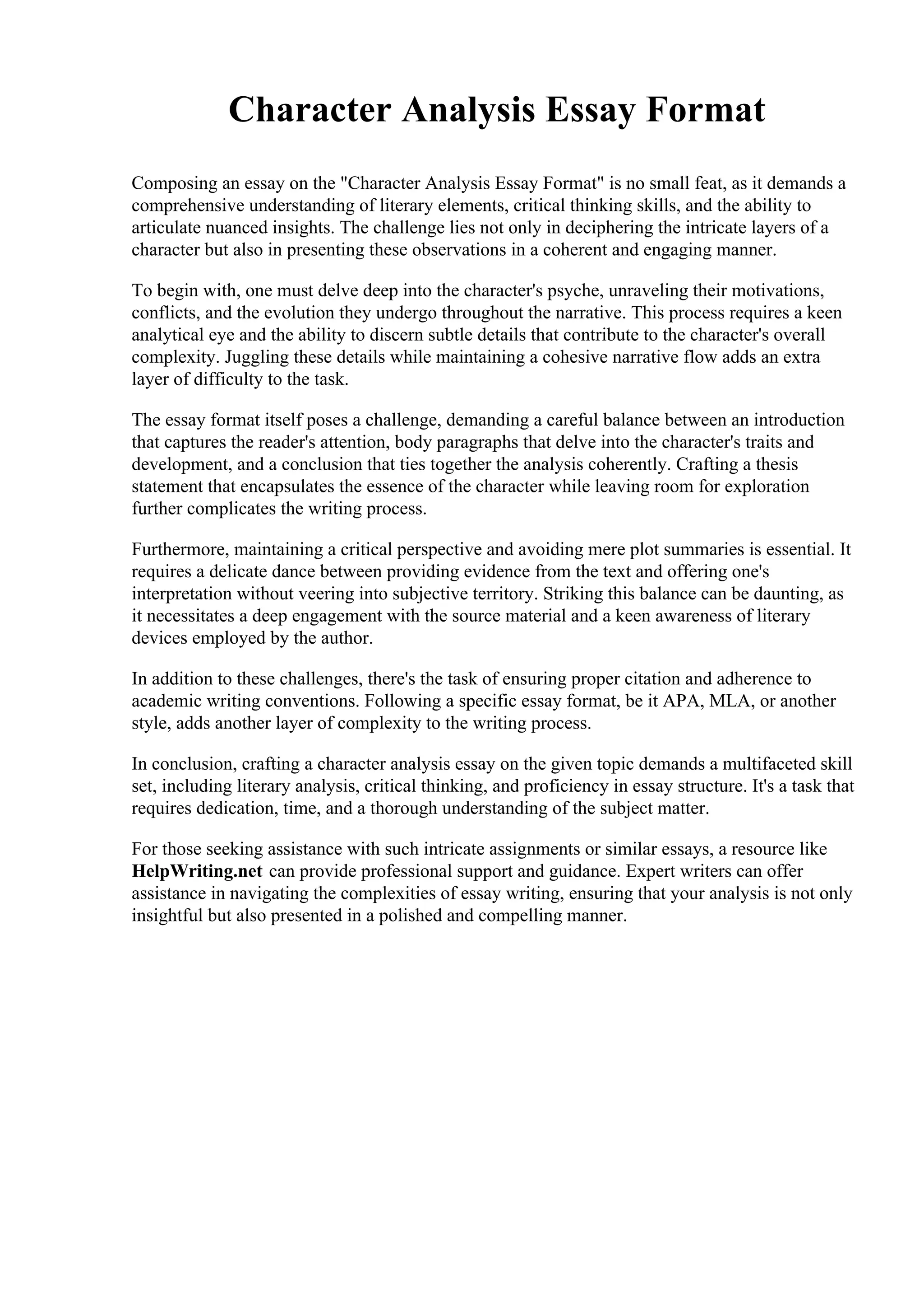 Character Analysis Essay Format. Washtenaw Community College | PDF ...