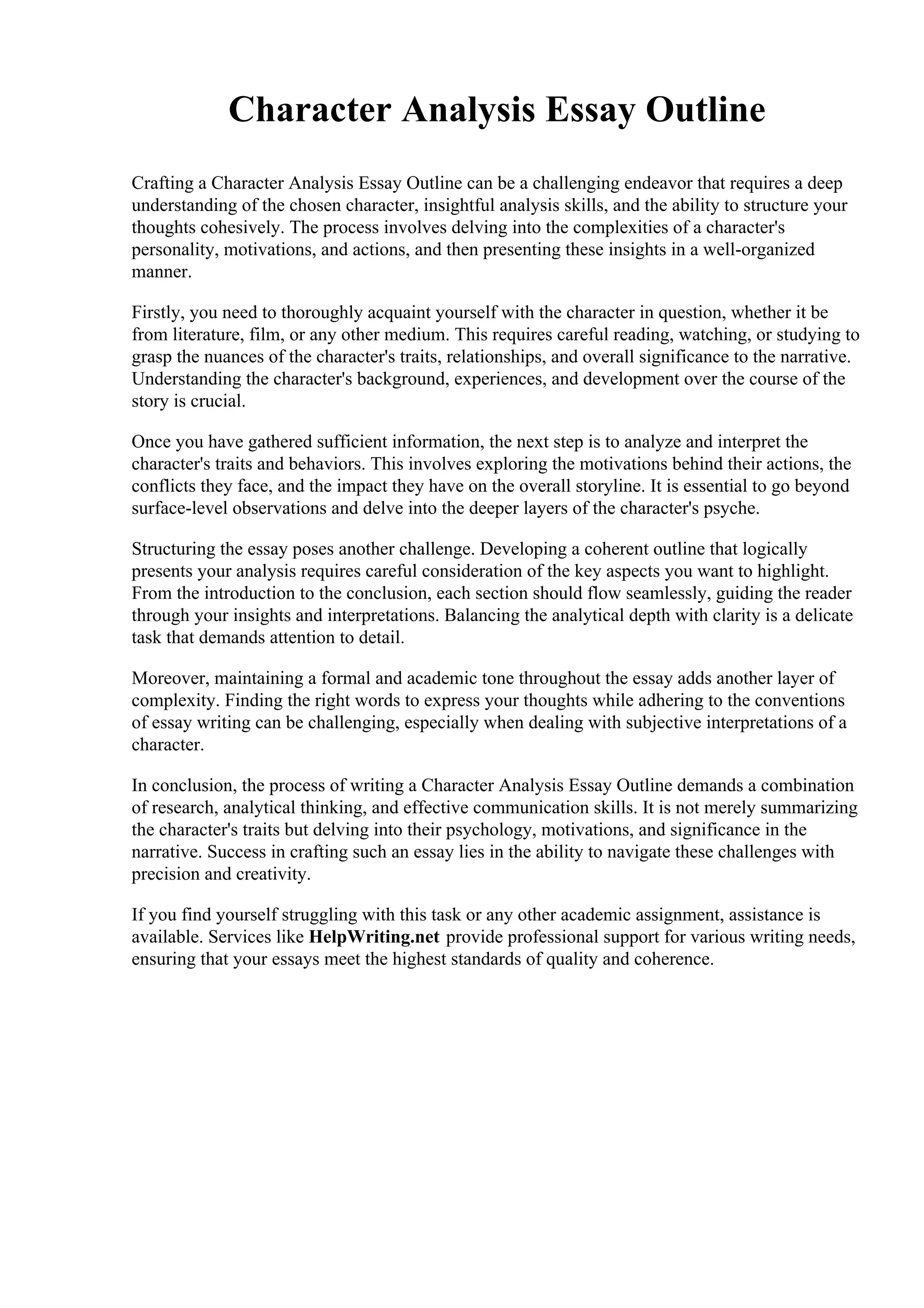 Character Analysis Essay Outline. Yakima Valley College | PDF | Free ...