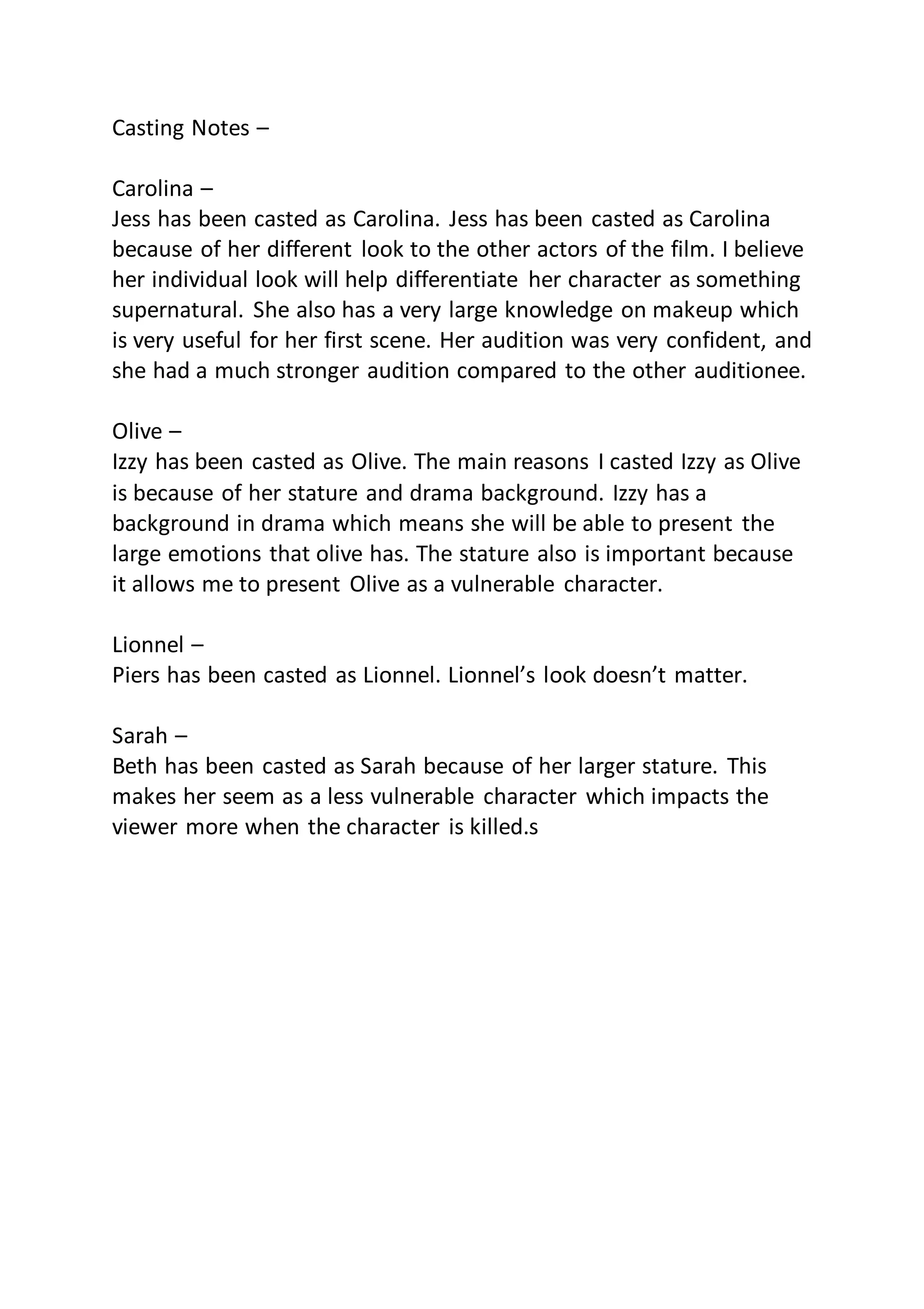 Character casting notes | DOCX | Television | Entertainment