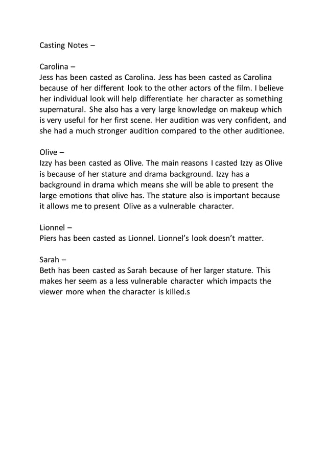 Character casting notes | DOCX | Television | Entertainment