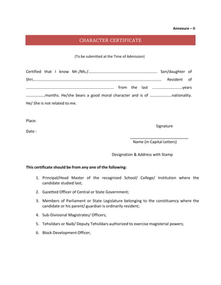 Character Certificate Template