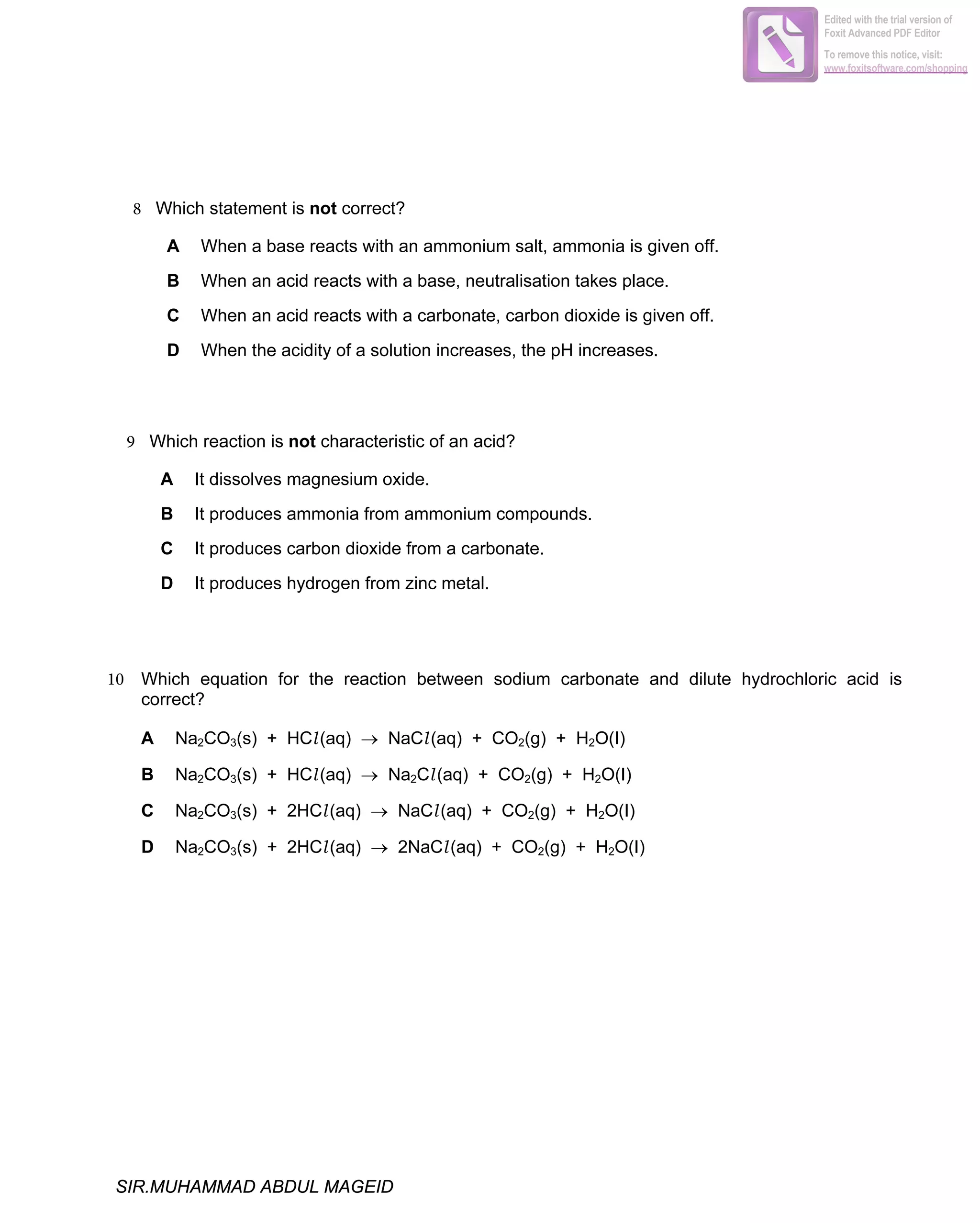 Characteristic properties of acids & bases (multiple choice) QP | PDF