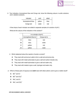 Characteristic properties of acids & bases (multiple choice) QP | PDF