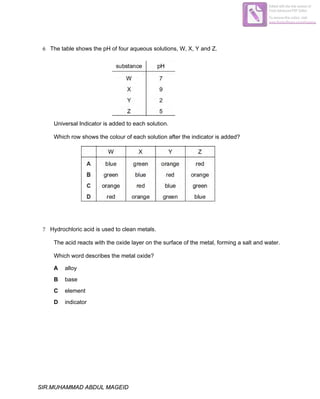 Characteristic properties of acids & bases (multiple choice) QP | PDF