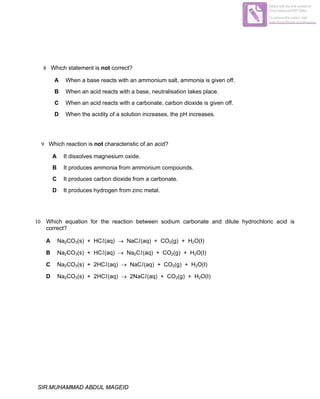 Characteristic properties of acids & bases (multiple choice) QP | PDF