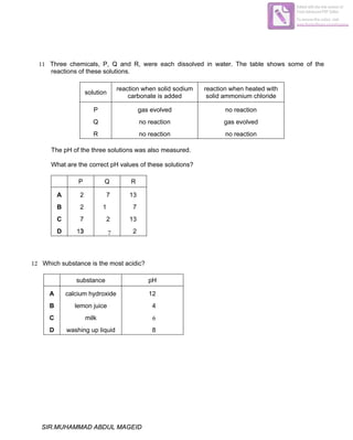 Characteristic properties of acids & bases (multiple choice) QP | PDF