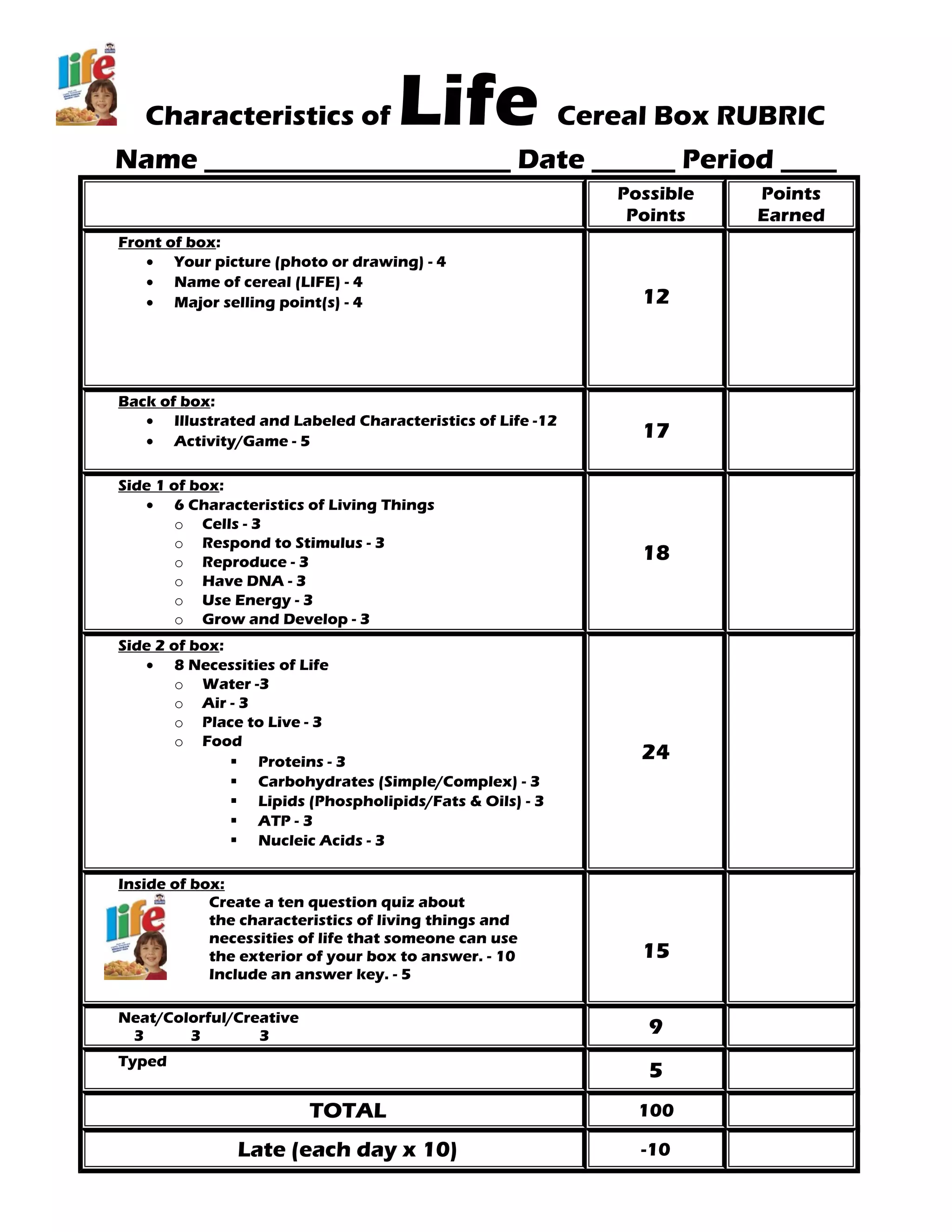 Characteristics of-life-cereal-box-rubric | DOC