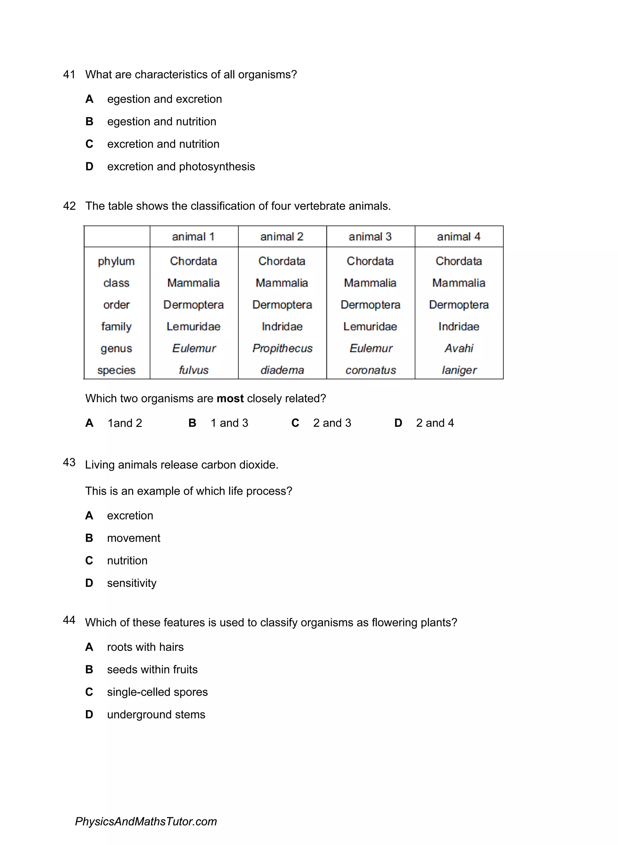 Characteristics & classification of living organisms (multiple choice ...
