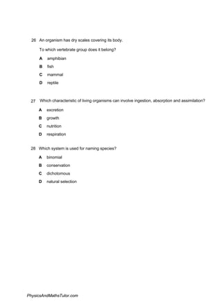 Characteristics & classification of living organisms (multiple choice ...