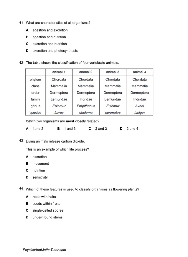 Characteristics & classification of living organisms (multiple choice ...