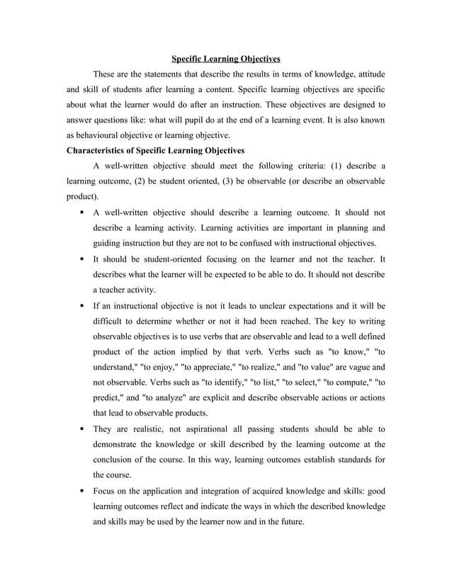 Characteristics and Significance of a Specific Objectives | PDF