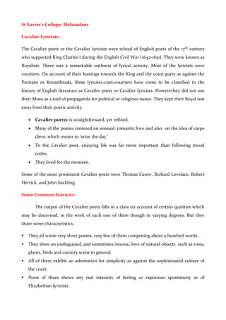 Characteristics of cavalier poetry | PDF