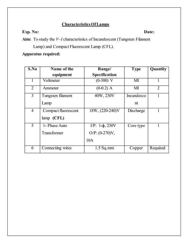 Characteristics of lamps (1) | DOCX | Physics | Science