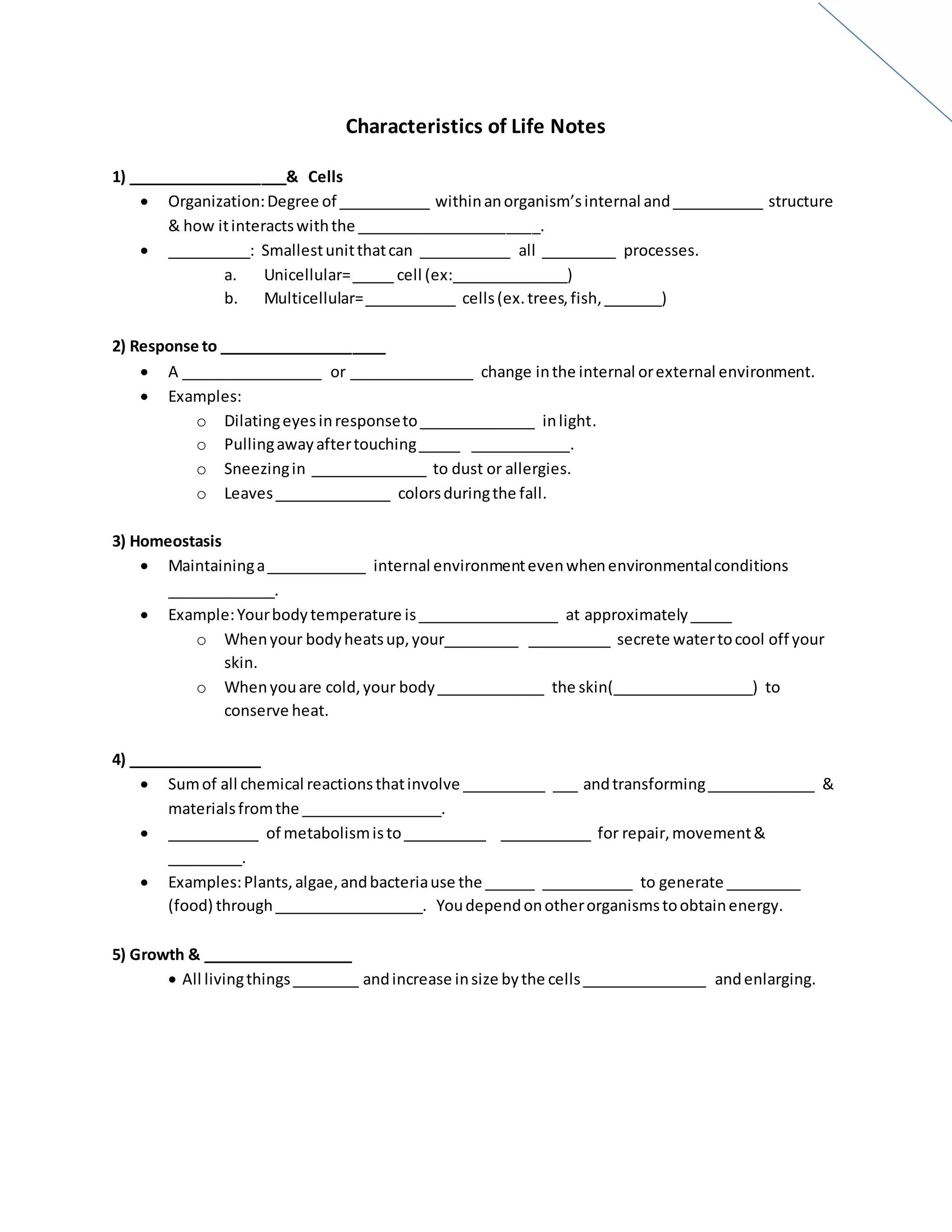Characteristics of life noteguide | DOCX | Biological Sciences | Science
