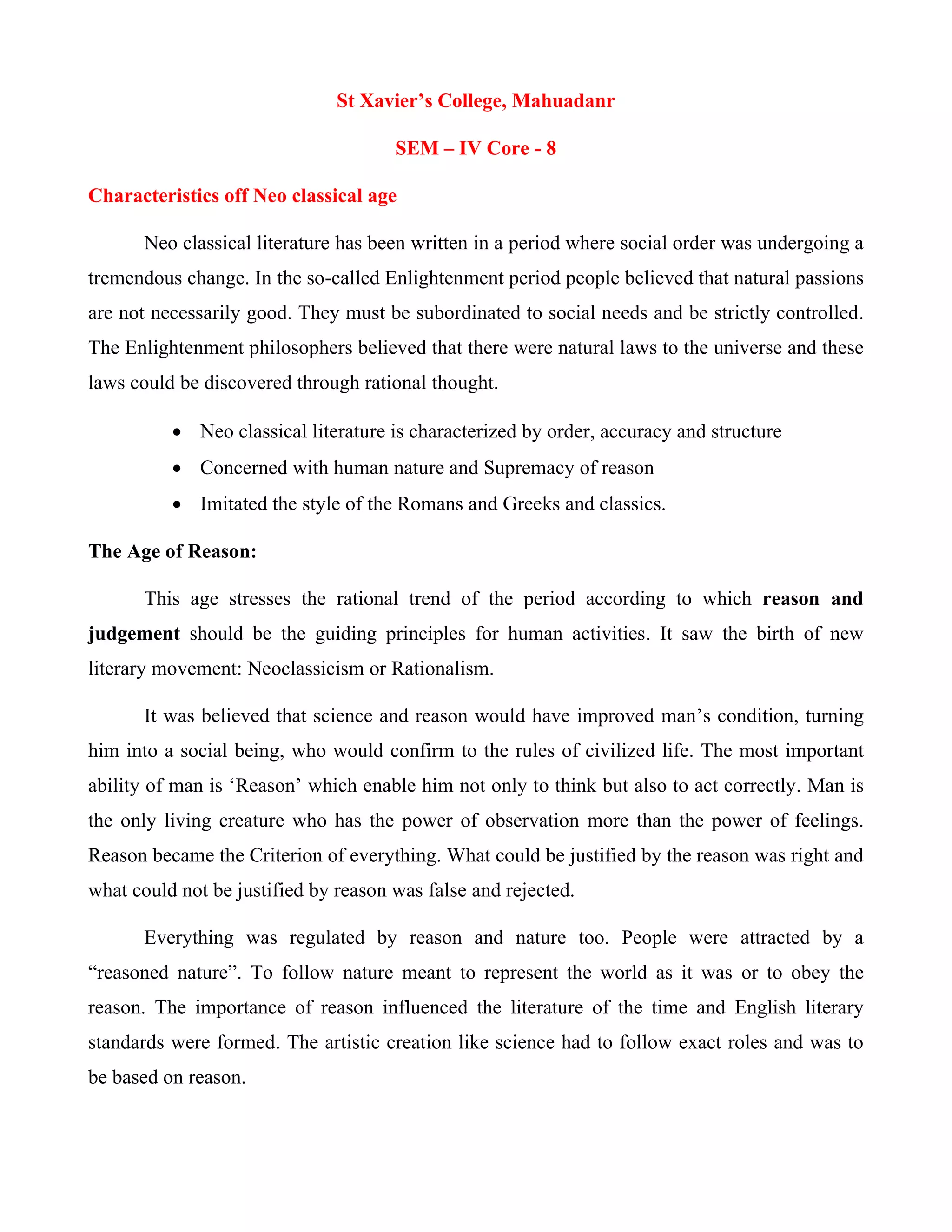 Characteristics of neo classical age | PDF