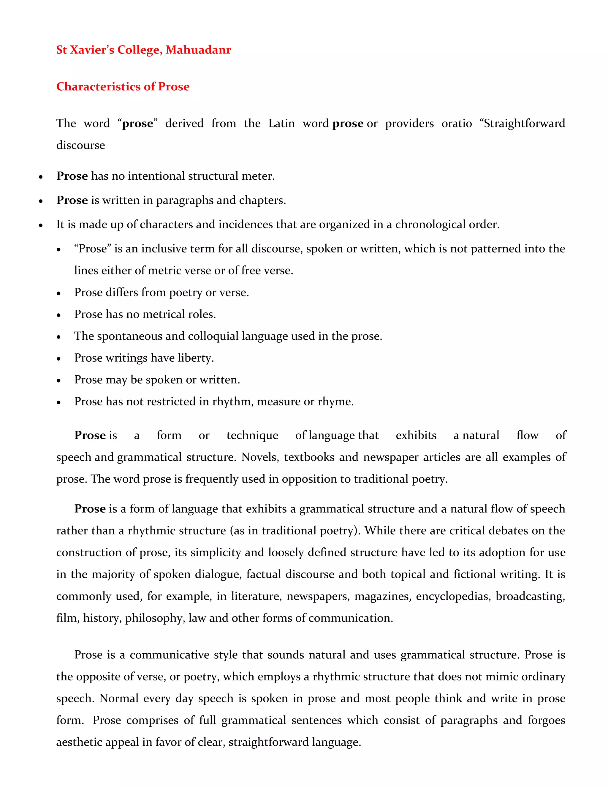 Characteristics of prose | PDF